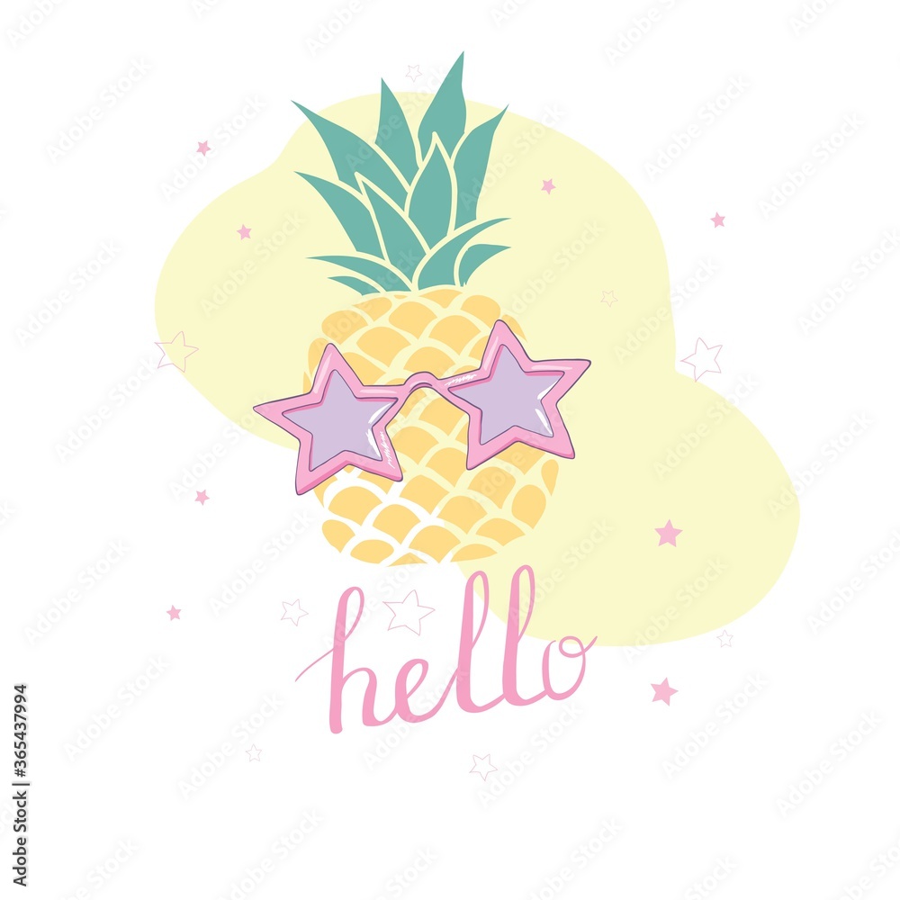 Funny vector background with pineapple in glasses, speech bubble and ...