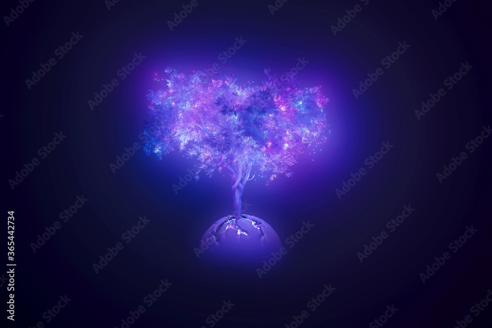 Abstract neon background, mystical space planet with tree sprouted on ...