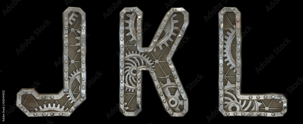 Mechanical alphabet made from rivet metal with gears on black ...
