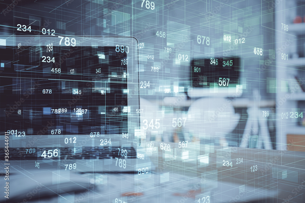 Technology theme drawing and table with computer. Multi exposure ...