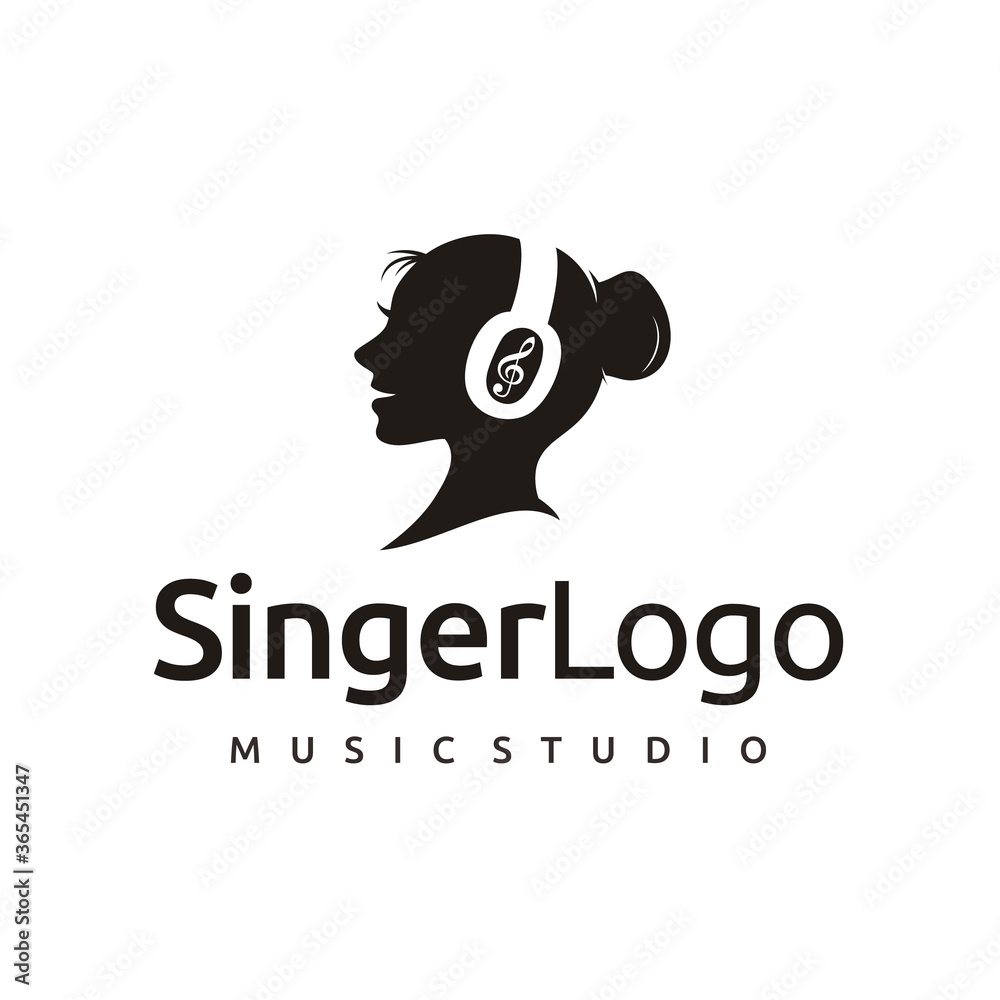 Singer with headset and Music Notes - Singing Woman head Face ...