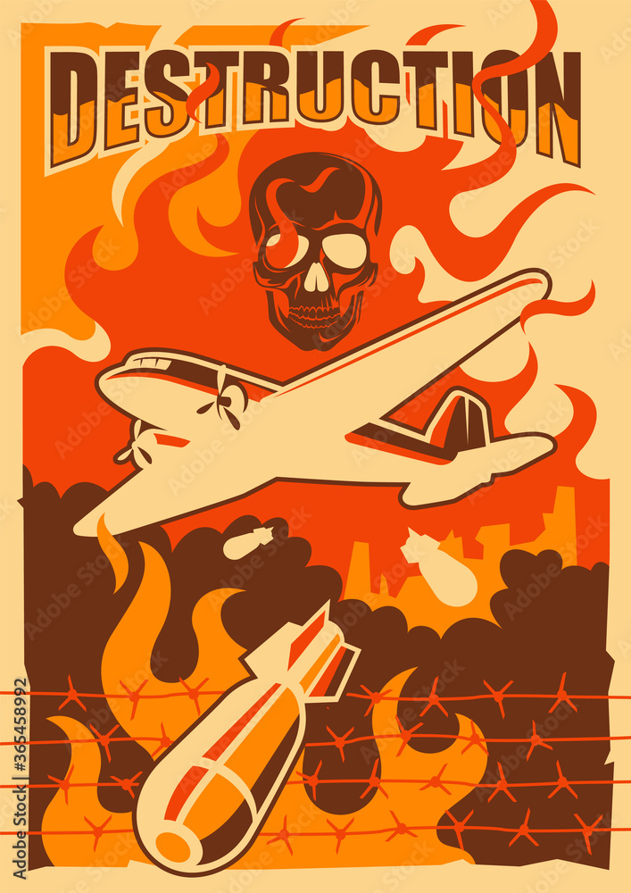 Vintage style war poster with military airplane and bombs. Vector ...