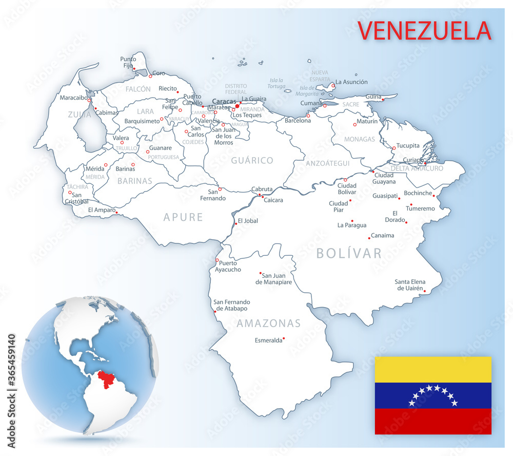 Detailed Venezuela administrative map with country flag and location on ...