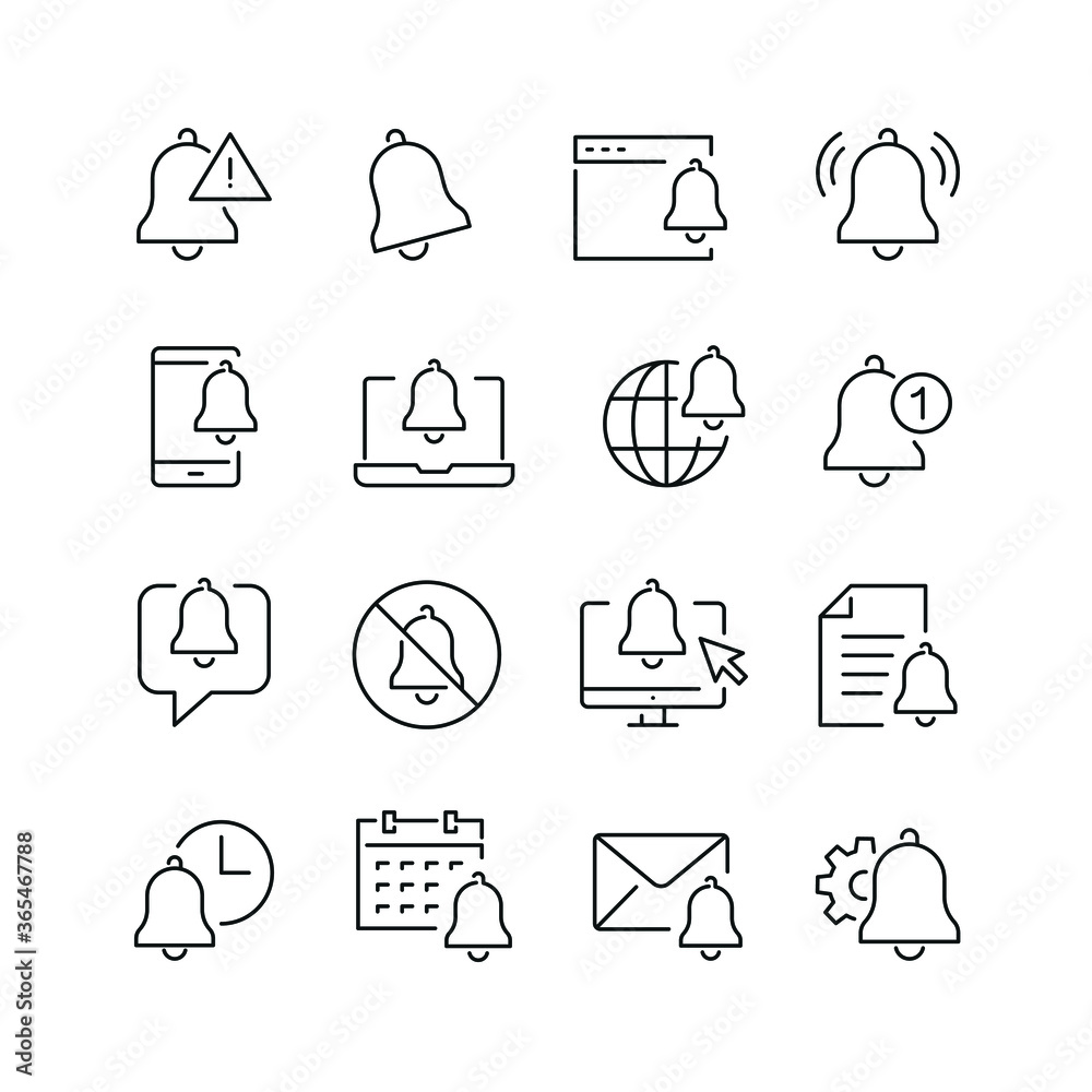 Notification related icons: thin vector icon set, black and white kit ...