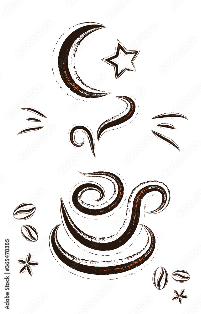 Hand drawn in sketch style a cup of coffee with steam and signs of moon ...