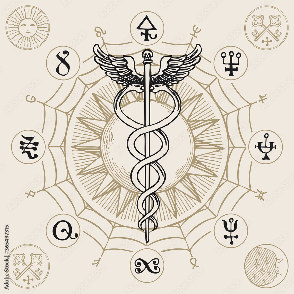 Caduceus with two snakes and wings. Vector banner with hand-drawn staff ...