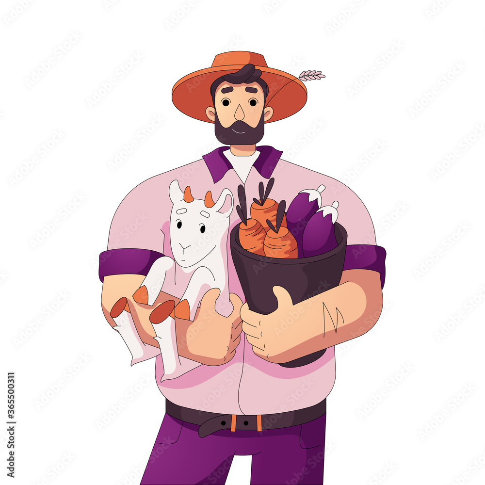 Happy farmer Cartoon character of man holding goat and bucket of ...