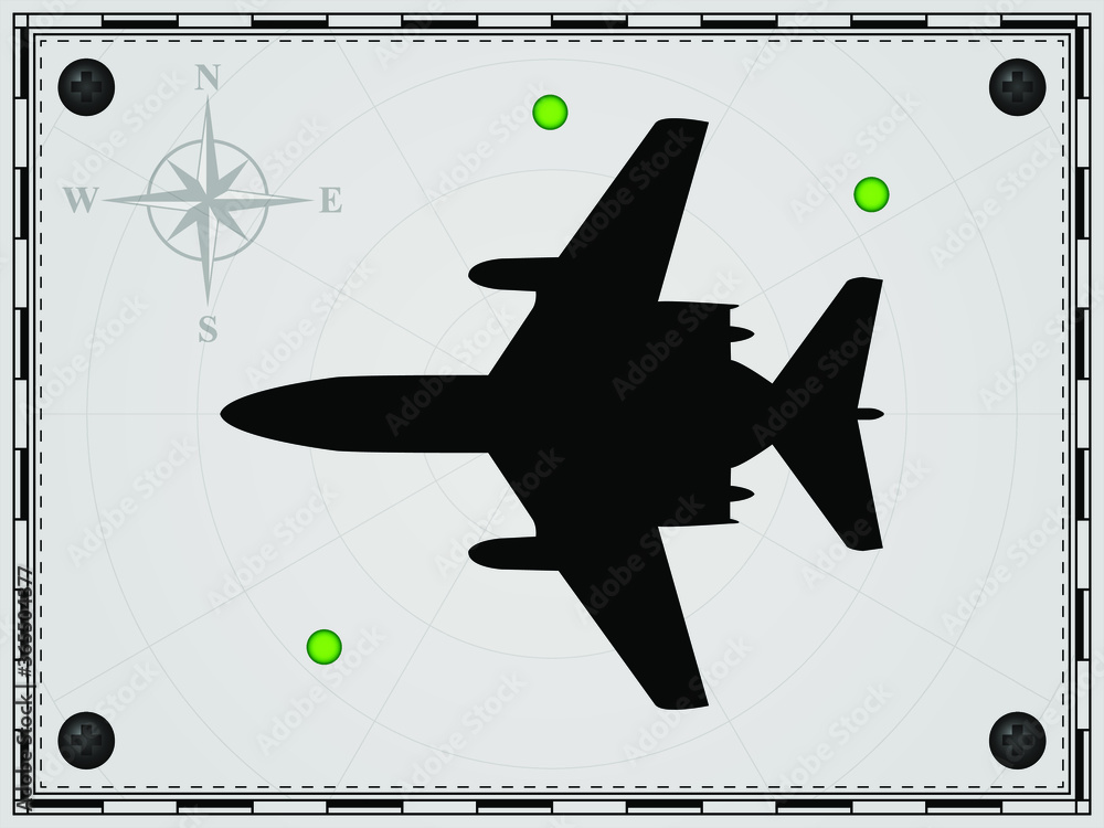 Airplane on a map background with radar elements. Aircraft. Wind rose ...