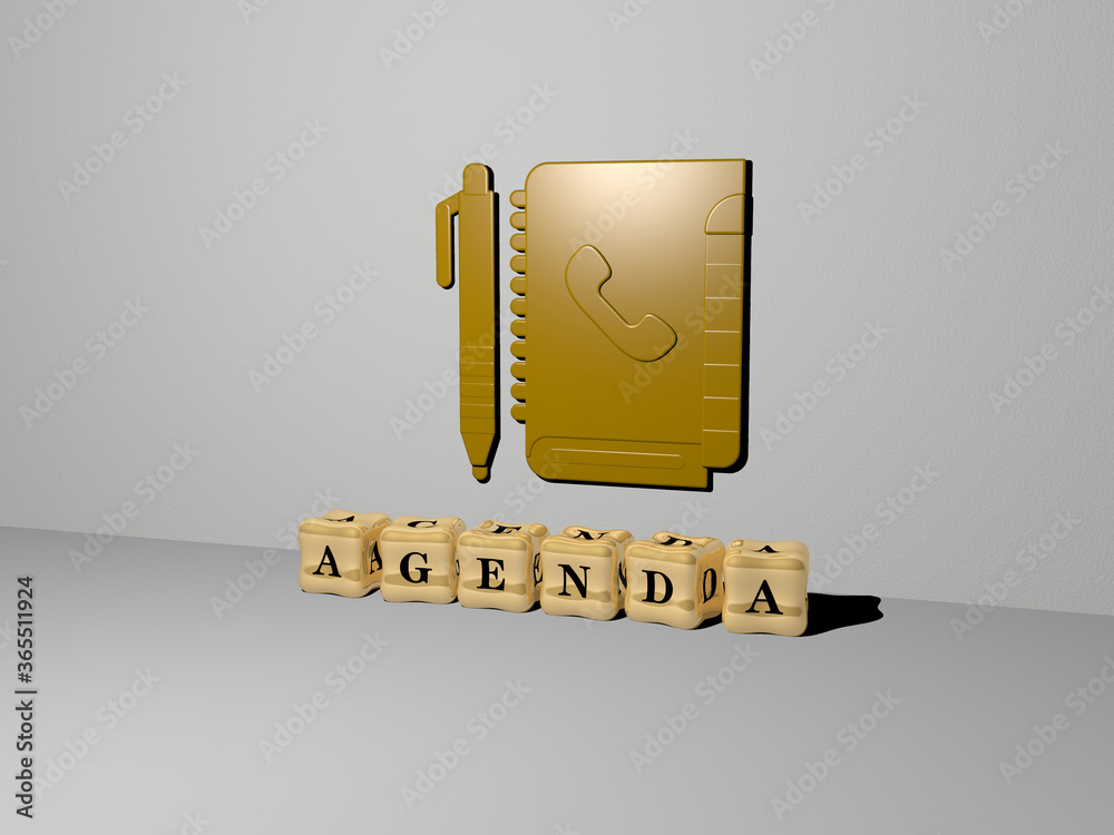 3D illustration of agenda graphics and text made by metallic dice ...