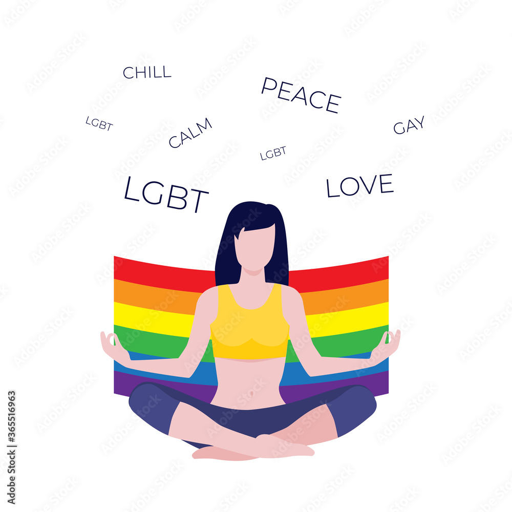 Vector illustration of sitting in lotus asana girl holding lgbt rainbow ...