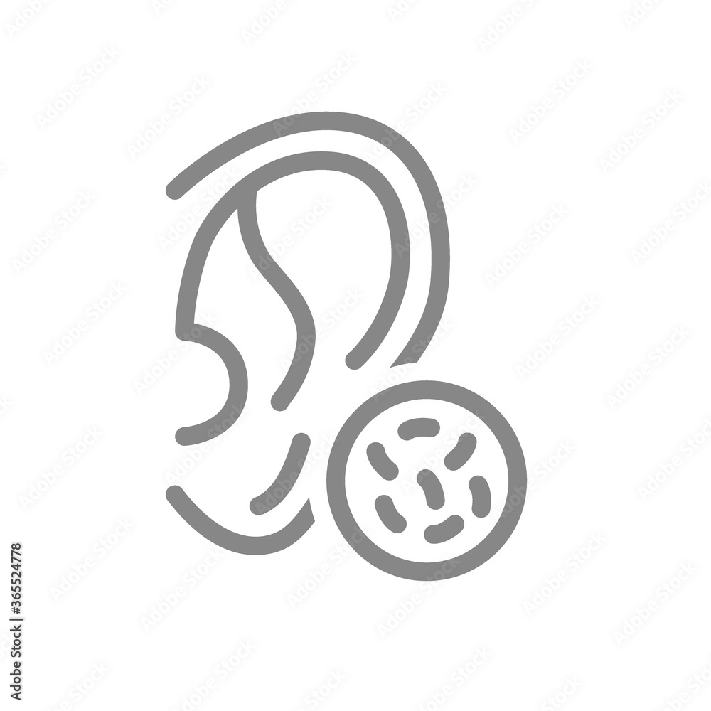 Ear with bacteria line icon. Disease hearing organ, infectious ear ...