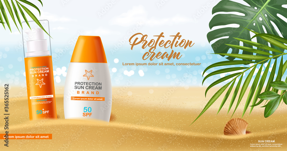 Sun cream bottle 3d realistic isolated, sea background, tropical banner ...