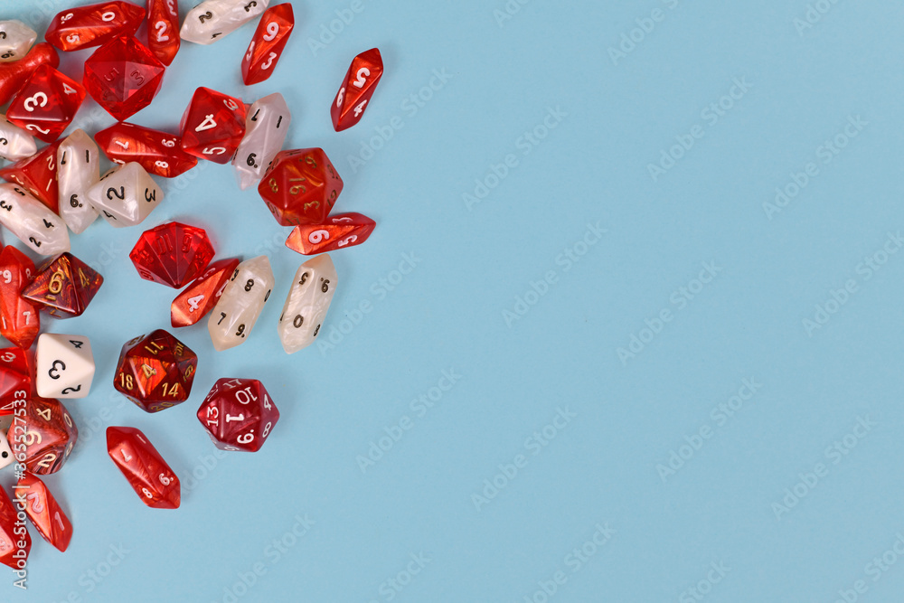 Roleplay game background with different red and white RPG dices at side ...