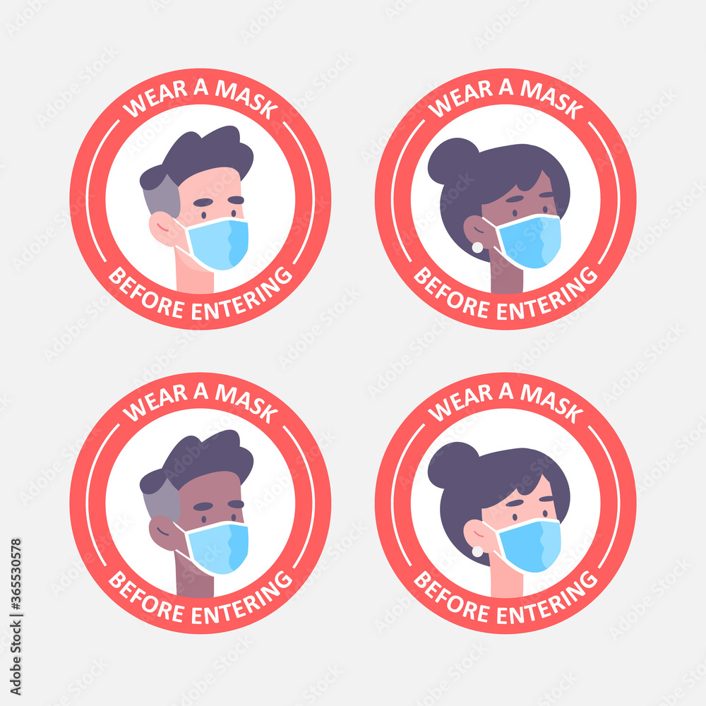 Set of warning entrance signs. No entry without face mask. Please wear ...