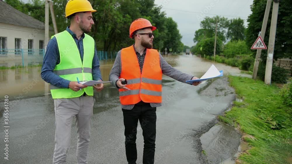 Two male engineers solve flood problem. Devastation wrought after ...
