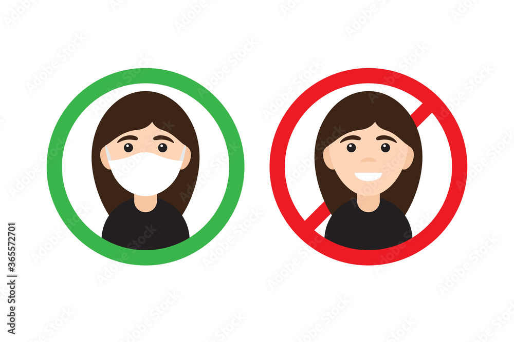 Vector flat cartoon No entry without medical face mask signs. Two Woman ...