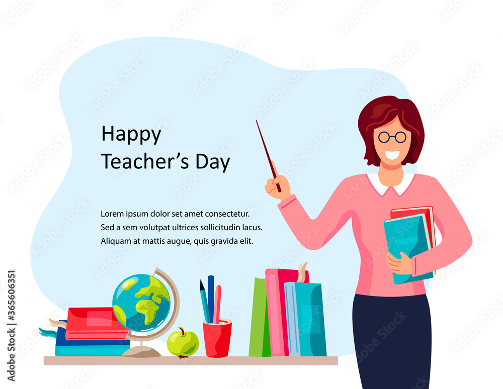 Happy Teacher's day. Smiling female teacher with books. Place for text ...