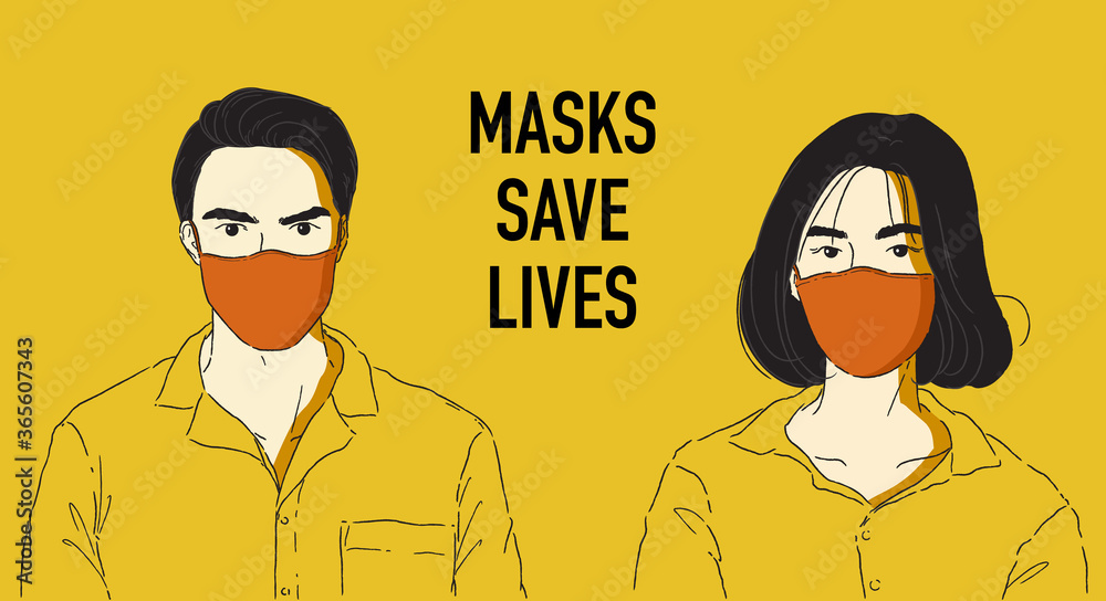 Masks save lives banner. Vector illustration of a man and a woman wearing masks for protection ...