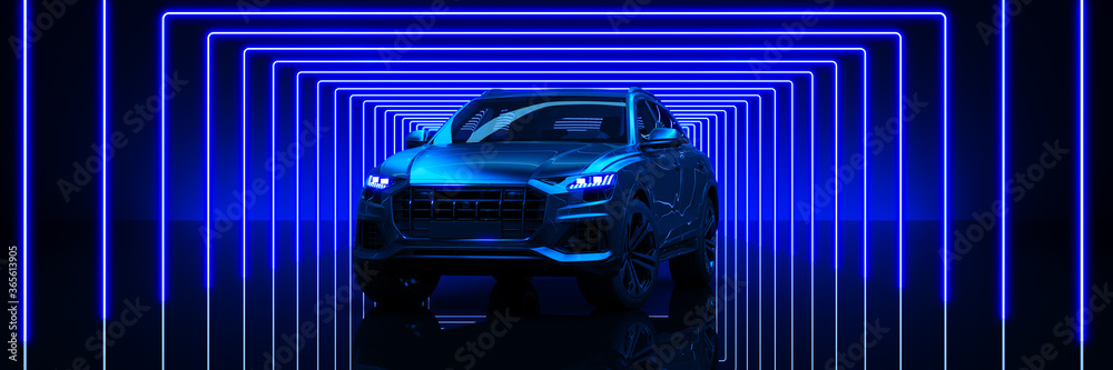 Sports car, studio setup on a dark background. 3d rendering Stock ...