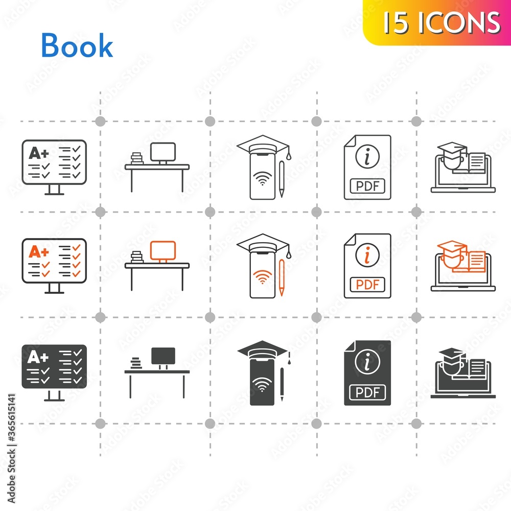 book icon set. included desktop, smartphone, pdf, test, training icons ...