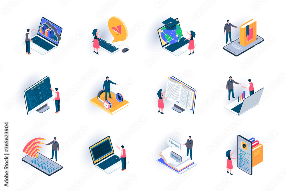 Online education isometric icons set. Distance learning with digital ...