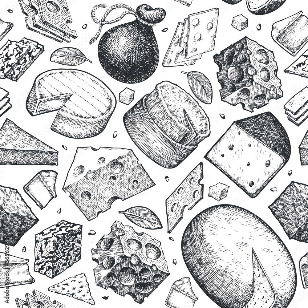 Cheese seamless pattern. Hand drawn vector dairy illustration. Engraved ...