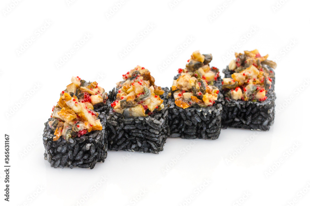 Japanese Volcano Sushi Roll with black rice isolated on white ...