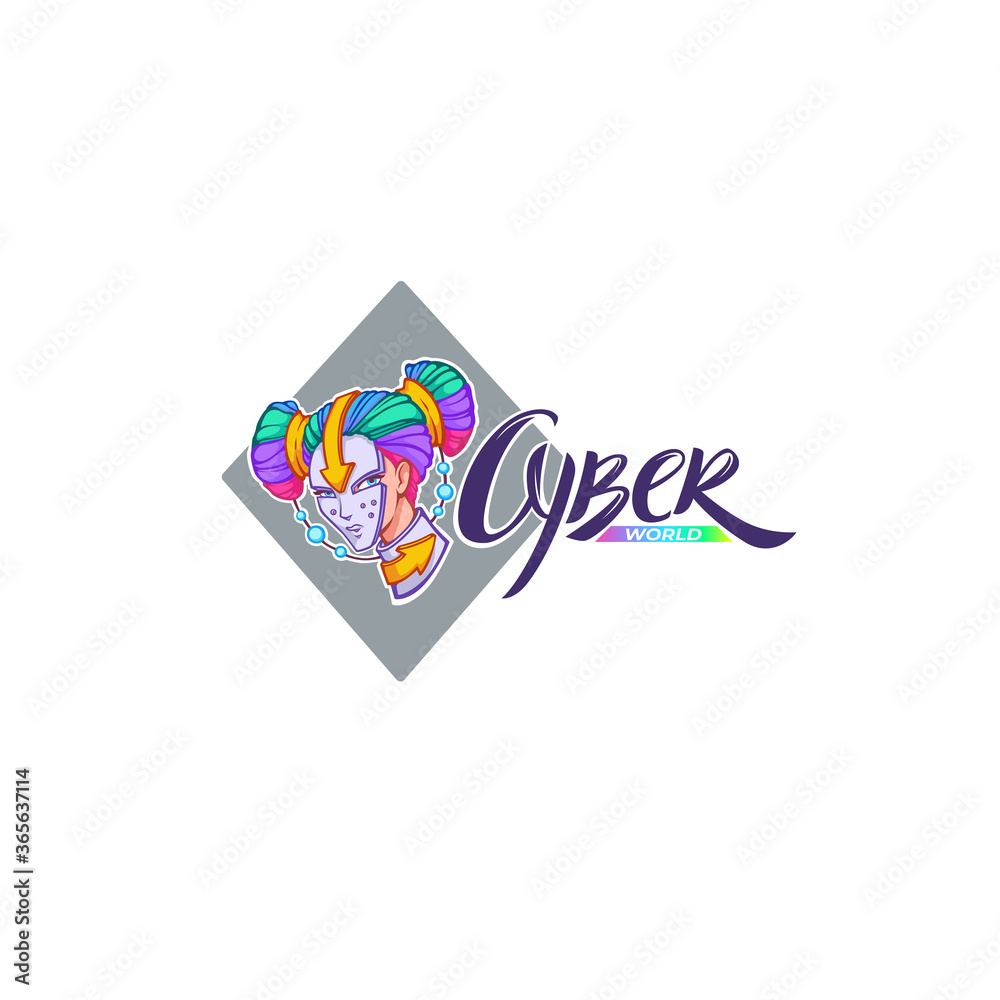 Cyber world, vector cyberpunk logo, with girl portrait and lettering ...