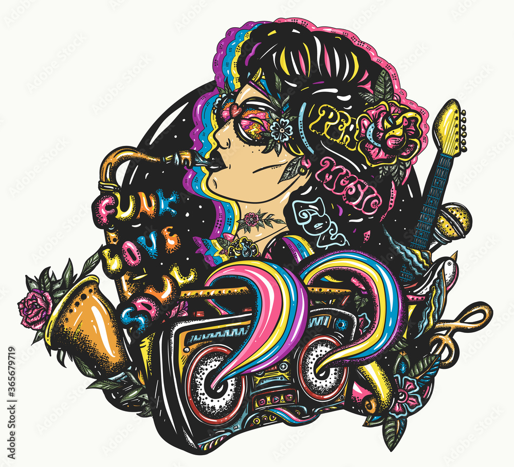 Retro music lifestyle. Jazz, funk, soul, disco. Karaoke concept ...