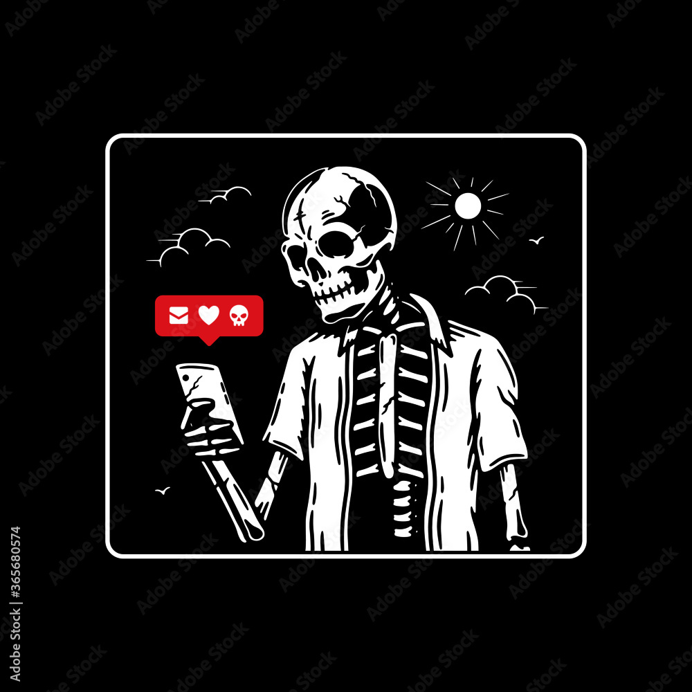 SKELETON WITH SMARTPHONE USING SOCIAL NETWORK BADGE WHITE BLACK ...