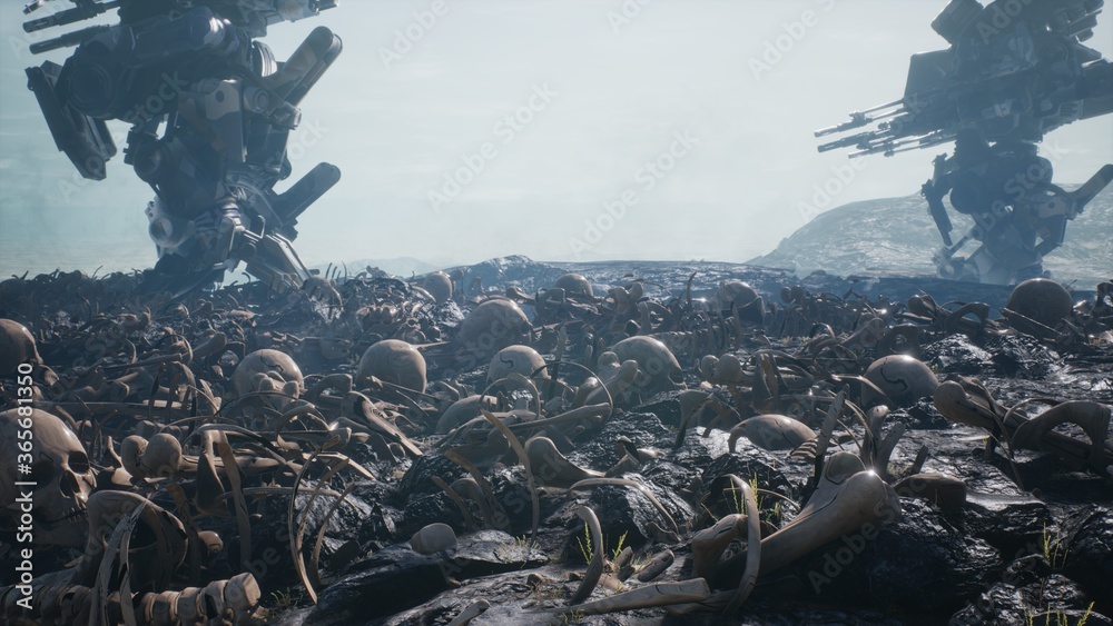 Military mech are walking on a battlefield covered with human bones and ...