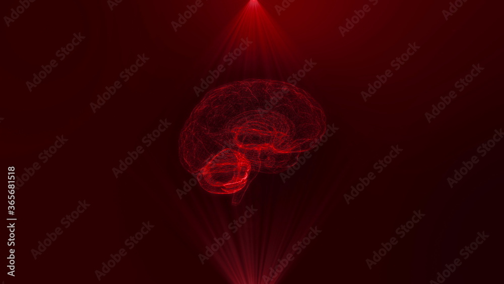 AI. Animated three-dimensional model of the brain in the rays of red ...