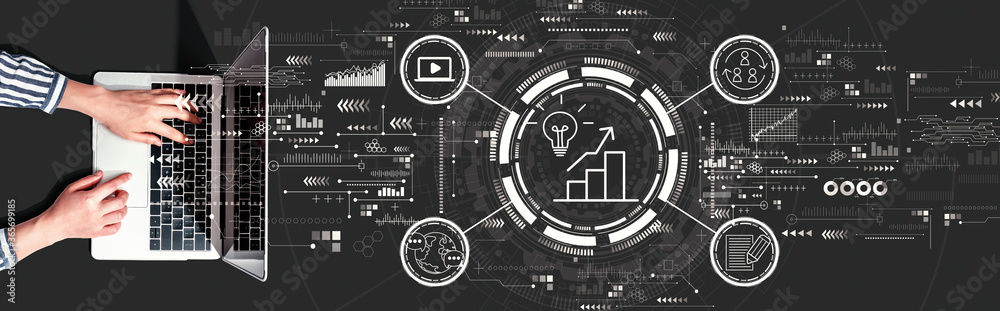 Content marketing concept with person using a laptop computer Stock ...