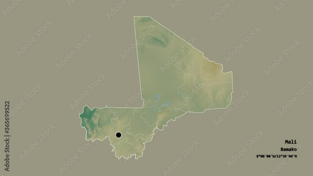 Kidal, region of Mali, with its capital, localized, outlined and zoomed ...