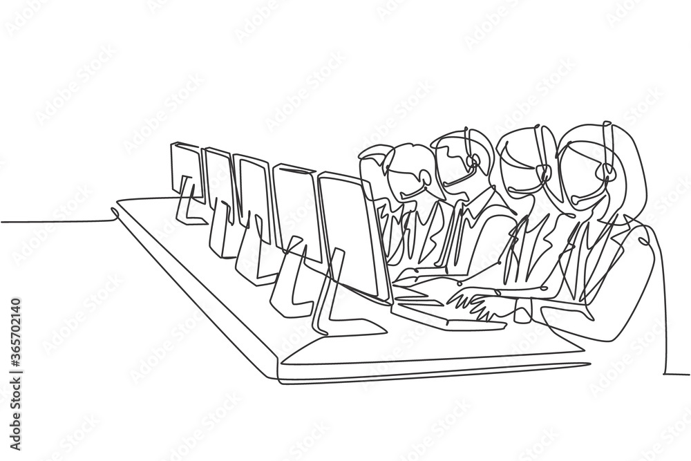 One single line drawing group of male and female customer service team ...