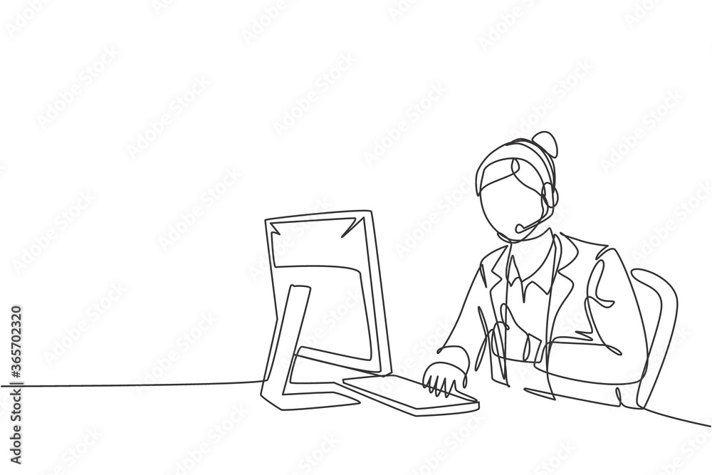 Single continuous line drawing of young happy female call center worker ...