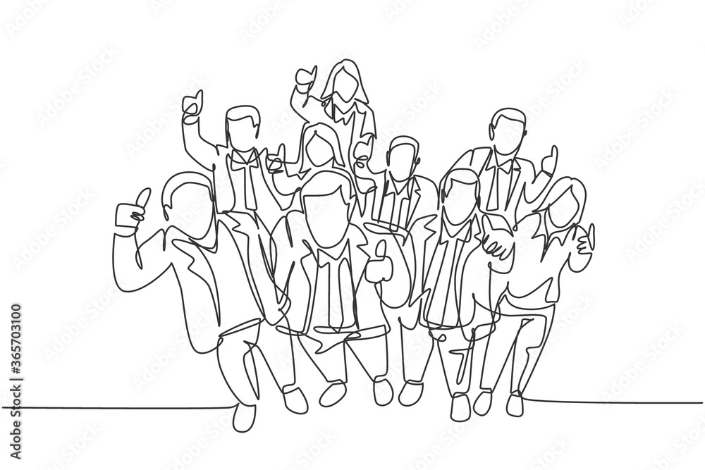 One single line drawing of young happy male and female managers raise ...