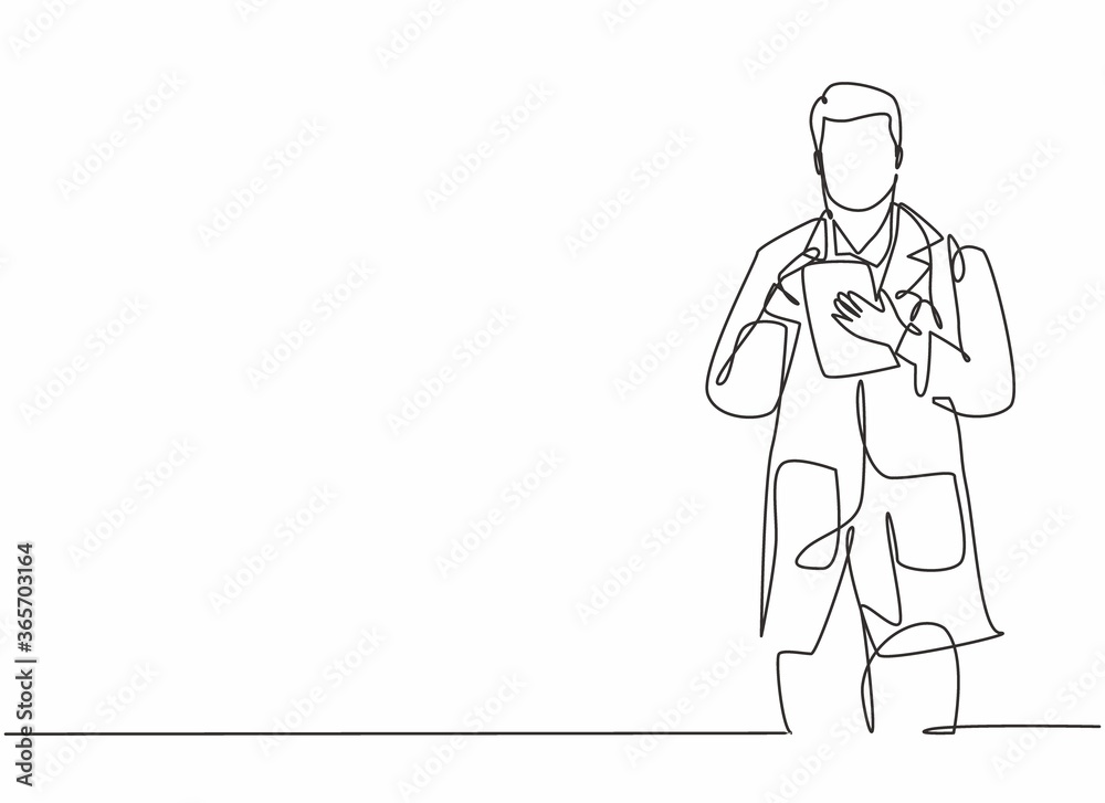 Single continuous line drawing of young male doctor thinking right ...