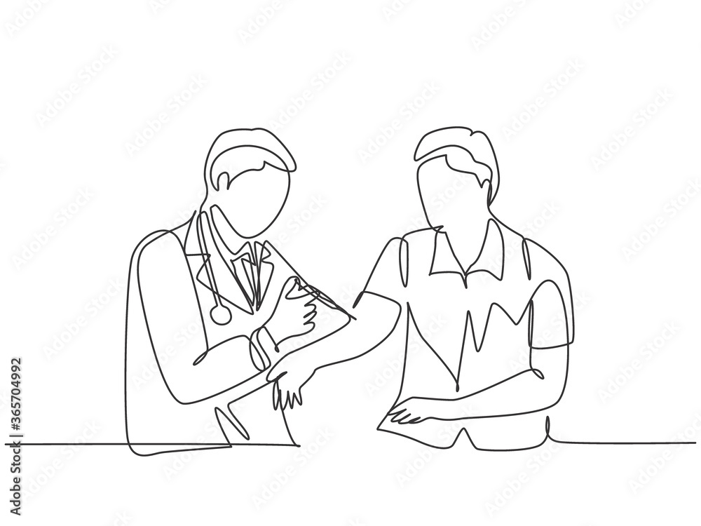 Single continuous line drawing of young male doctor giving vaccine ...