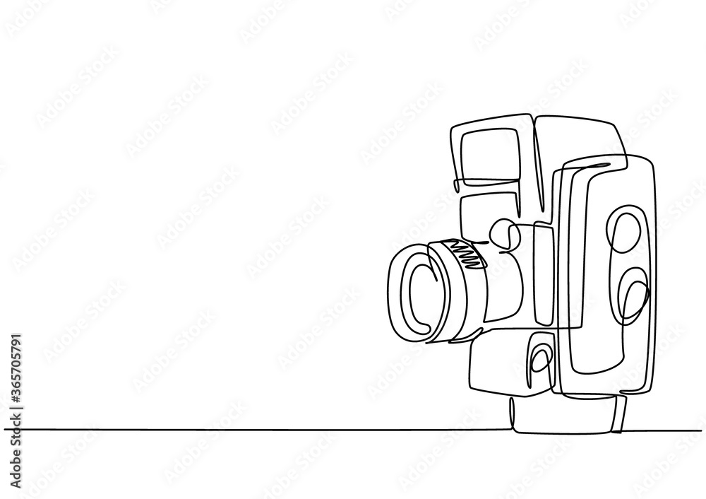 Single continuous line drawing of old vintage analog movie film camera ...