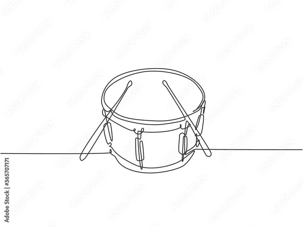 One single line drawing of little drum with drum sticks. Percussion ...