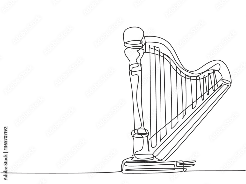One single line drawing of elegant classical harp. Stringed music ...