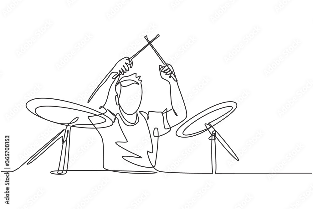 Single continuous line drawing of young happy male drummer performing ...