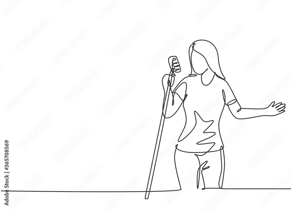 One single line drawing of young happy female singer holding a ...