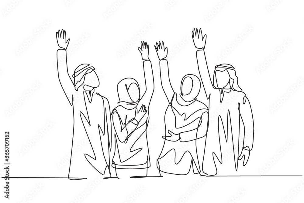 One single line drawing of young happy muslim business people raise ...