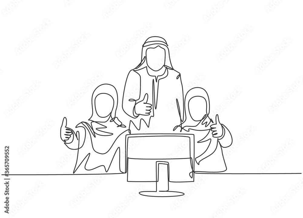 One continuous line drawing of young muslim male and female company ...
