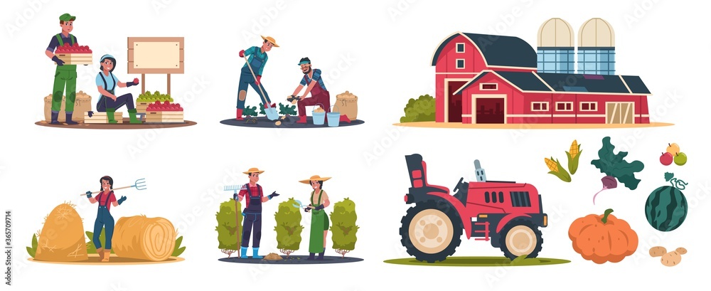 Cartoon eco farming. Agricultural workers doing farming job, cropping ...