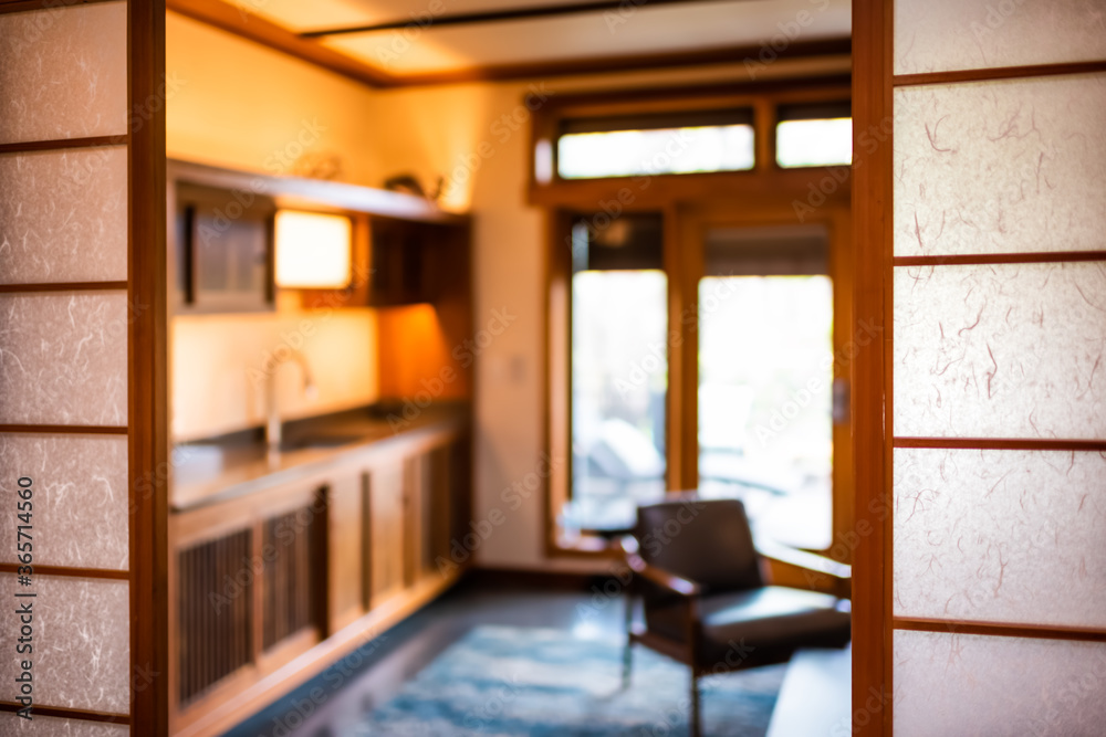 Traditional modern Japanese house ryokan hotel room interior with open ...