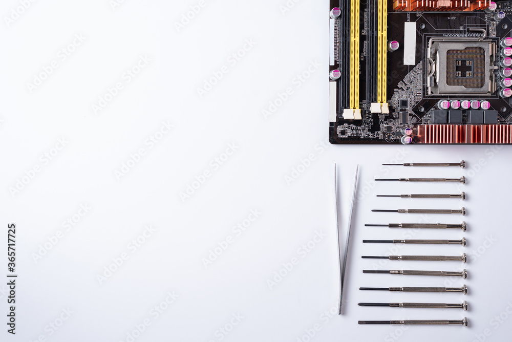on a white background laid out the motherboard and other computer ...