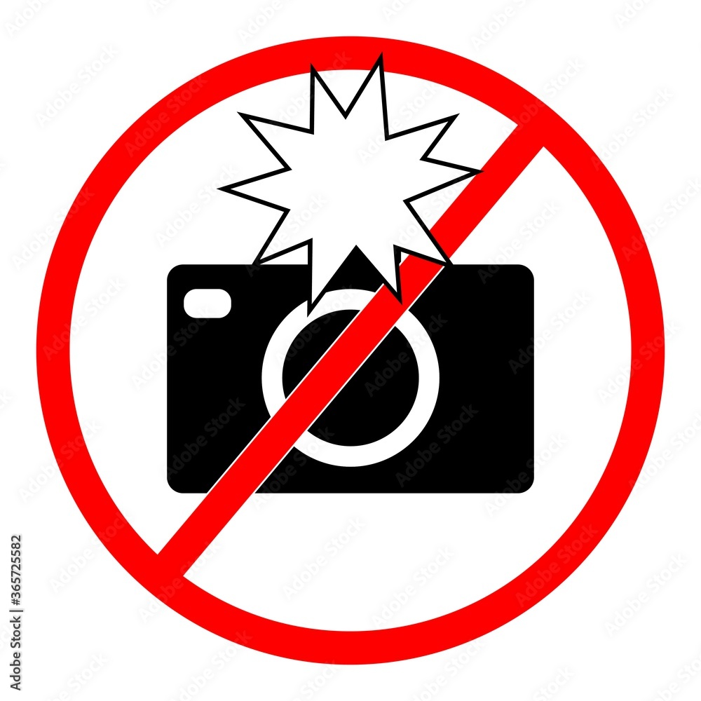 No flash photo warning red sign. Camera with flashing light with sign ...